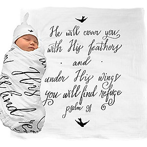 Under His Wings Muslin Swaddle & Bonus Baby Hat with Scripture Quote (Psalm 91) - 100% Organic Unbleached Cotton - Swaddle/Blanket is a Unique Shower & Baptism Gift -