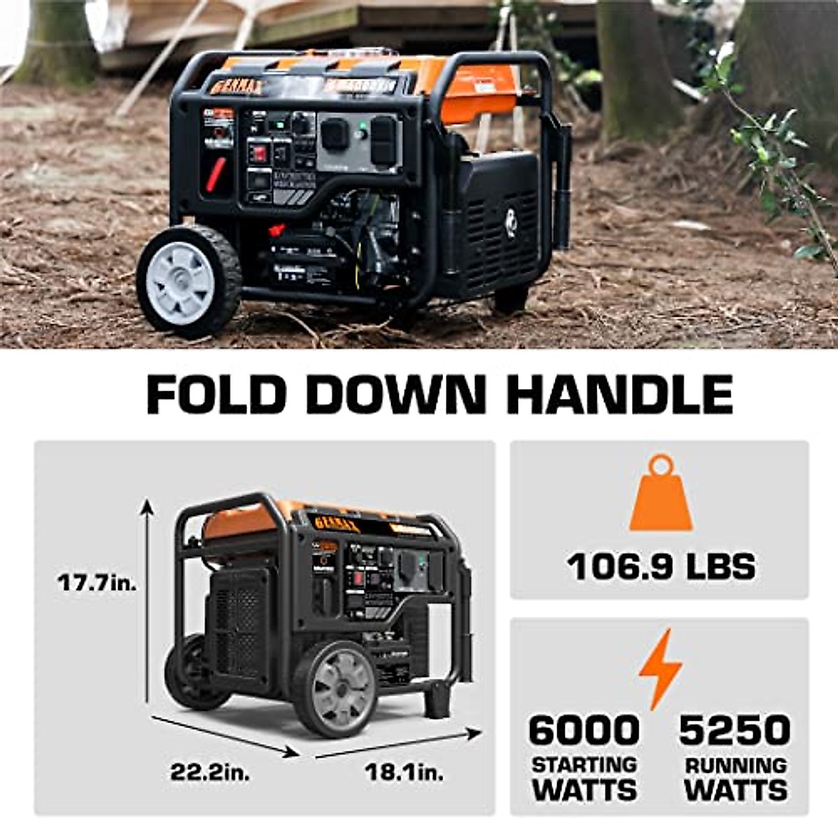 GENMAX Portable Inverter Generator, 6000W open frame Gas Powered High Speed Engine with Electric Start, Ultra Lightweight for Backup Home Use & Job Site，EPA Compliant (GM6000XiE)