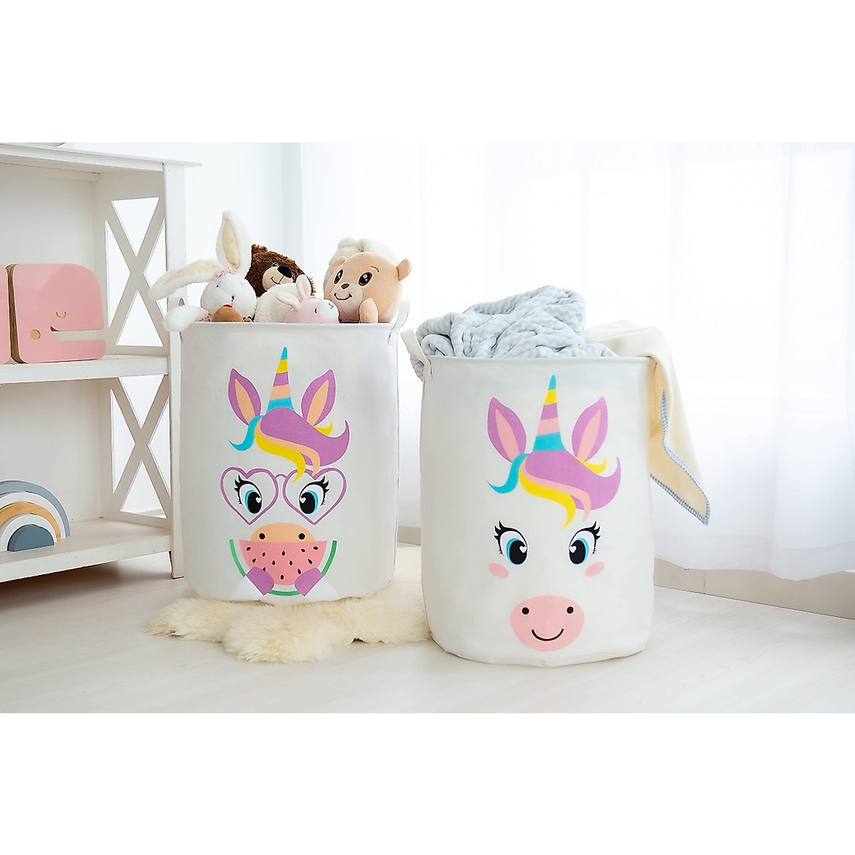 KAZULO Unicorn Hamper Set, Large Round Unicorn Laundry Baskets, kids Hampers laundry Girls, Girls Storage Box Unicorn, Child Laundry Set, Kids Basket (Watermelon Unicorn Bundle)