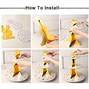 lengenyen 3-Tier Cupcake Stand, Tiered DIY Cupcake Tower Cardboard, Cake Dessert Holder for Birthday,Graduation,Wedding,Anniversary,Floral Tea Party Supplies(White and Gold)