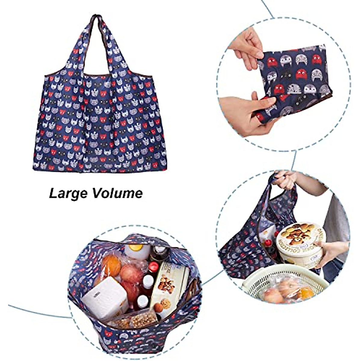 ZEWZE Reusable Shopping Bag, Foldable, Washable Grocery Tote with Pouch, environmental protection, light, small and portable (Cat (blue)+Cat (yellow))