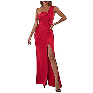 Summer Clothes for Women, Spring Dress Women's Maxi Dresses Casual Women's Fashion Solid Color Sexy One Shoulder Slit Trailing Dress Evening Gown Vestido Corto Sin Mangas (M, Red)