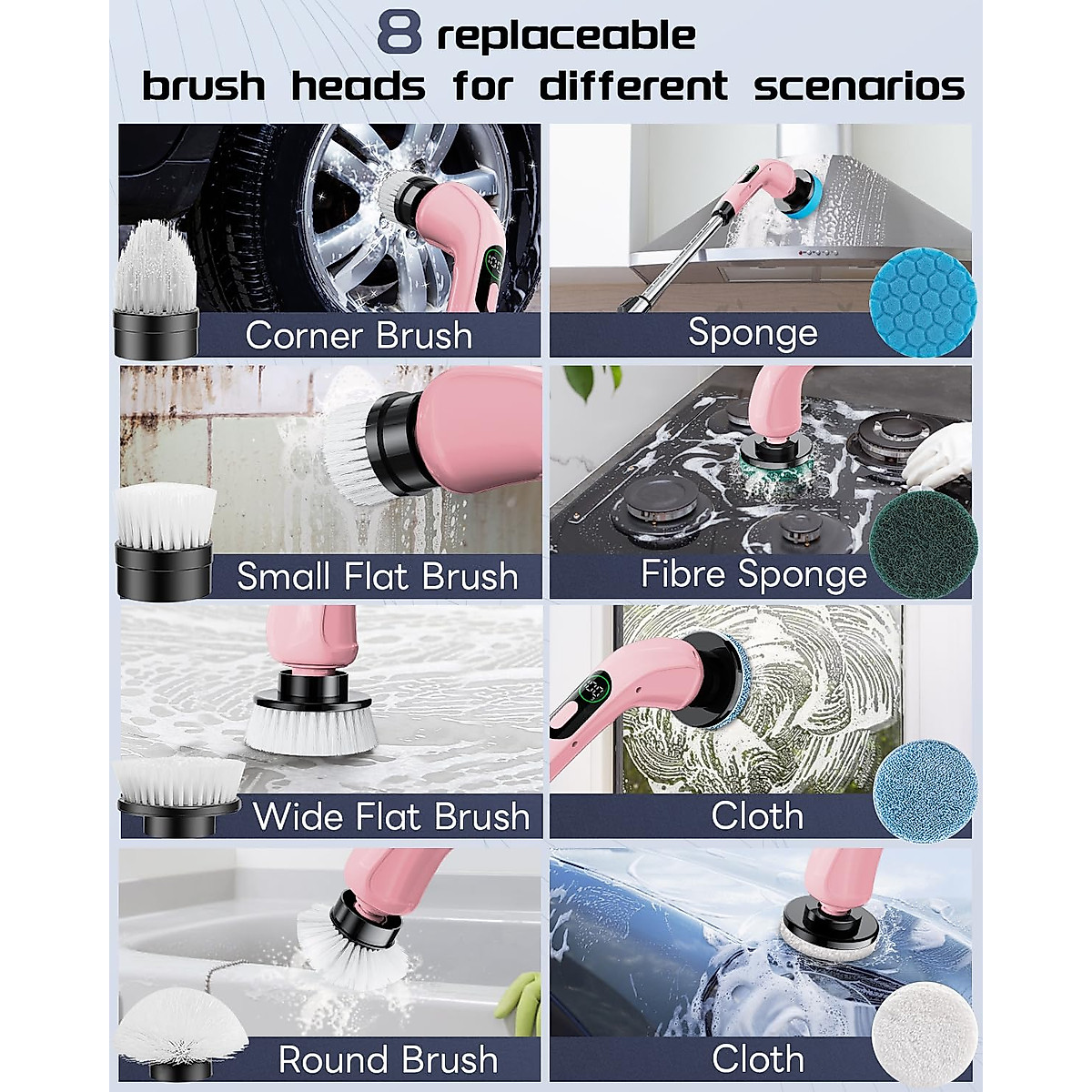 Fader Electric Spin Scrubber, New Cordless Shower Scrubber with 8 Replaceable Brush Heads and Adjustable Extension Handle, Power Cleaning Brush for Bathroom, Kitchen, Car, Tile, Wall, Floor-Pink