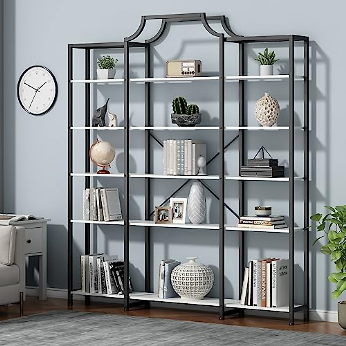 Auromie Triple Wide 5-Tier Bookshelf, 70.87" L x 79.13" H Extra Large Bookcase, Tall Open Etagere Display Shelf with Metal Frame, Freestanding Modern Storage Shelves for Home Office, Black&White