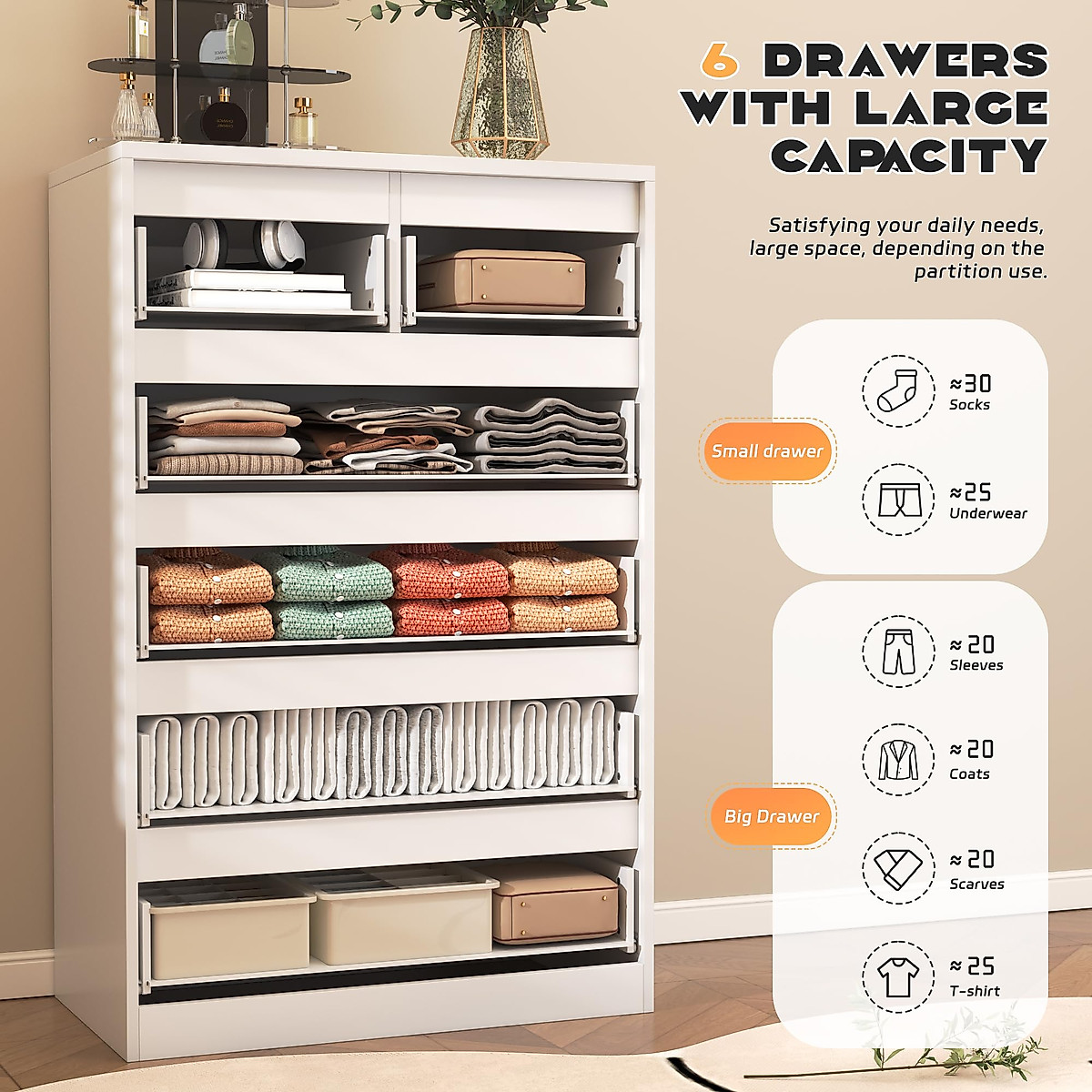 SPERTIKC Tall Chest of Drawers, 6 Drawer Dresser for Bedroom, White Dresser with Large Storage Space, Modern Dresser for Corridors and Living Rooms, 27.5" x 16" x 43.5"