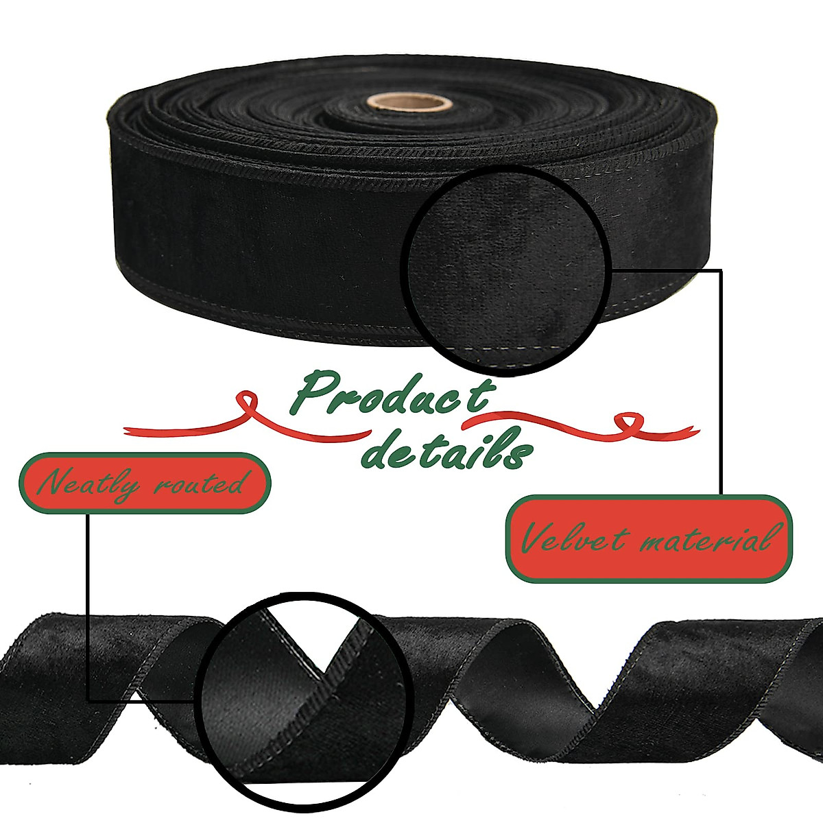 1.5Inch X 10 Yards Christmas Velvet Ribbon,1.5" Wide Wired Ribbon for Christmas Crafts Decoration, Wrapping (Black, 1.5"-10 Yard)