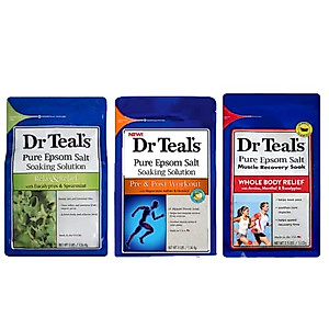 Dr. Teal's Pure Epsom Salt Soak Pain Relief Mothers Day Gift Set (3 Pack, 8.5lbs Total) - (3lb) Relax & Relief Eucalyptus with Spearmint, (3lb) Pre & Post Workout with Menthol, (2.5lb) Muscle Recovery