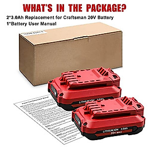 2 Pack 20V 3.0Ah Replacement for Craftsman V20 Lithium Ion Battery, Compatible with  Craftsman 20V MAX CMCB205 CMCB204 CMCB206 CMCB202 CMCB201 20 Volt Cordless Power Tools