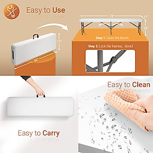 VINGLI 6 feet Plastic Folding Bench,Portable in/Outdoor Picnic Party Camping Dining Seat, Garden Soccer Multipurpose Entertaining Activities, Smooth HDPE Tabletop, 2 Pack, White