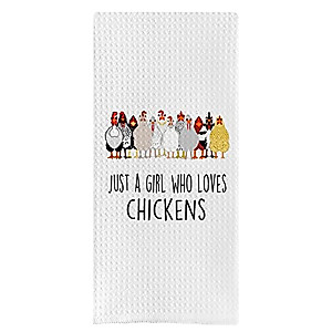 DOTAIN Funny Farmhouse Just a Girl Who Loves Chickens Waffle Weave Dish Towel Cloth Decor,Chicken Themed Washable Dishcloth for Kitchen Bathroom(24x16inch)
