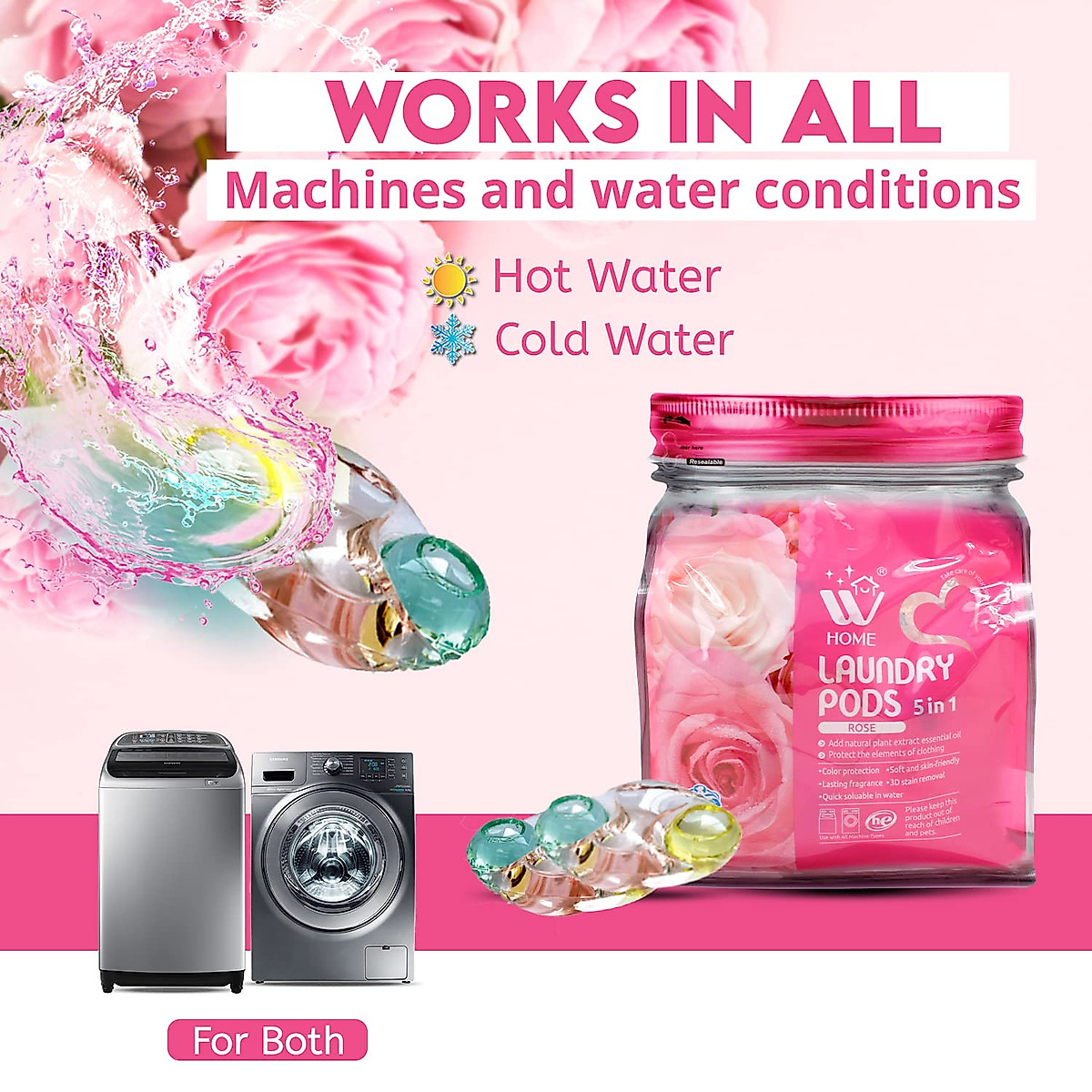 Natural Solution 5-in-1 Laundry Pods, Total 96 Count, Ultra Concentrate with Powerful Stain Lifter Technology, Fabric Softener With Rose Extracts, Detergent Pods, 32 Count/Each (Pack of 3)