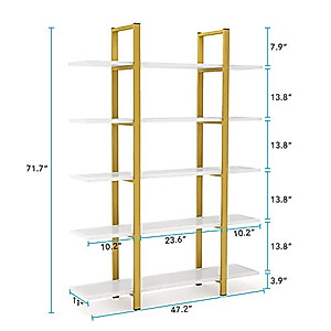 Tribesigns 5-Tier Bookshelf, Vintage Industrial Style Bookcase 70 ‘’ H x 12’’ W x 47’’L, Gold