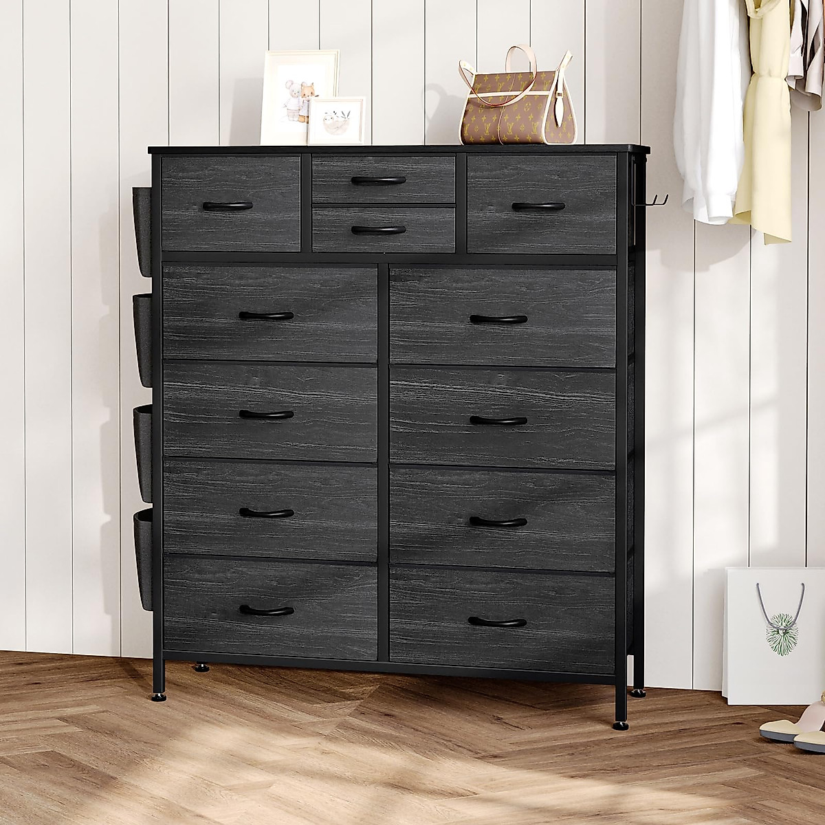 YaFiti Dresser for Bedroom with 12 Drawers, Chest of Drawers with Side Pockets and Hooks, Fabric Dresser Drawers for Living Room, Hallway, Entryway (Black Wood Grain)