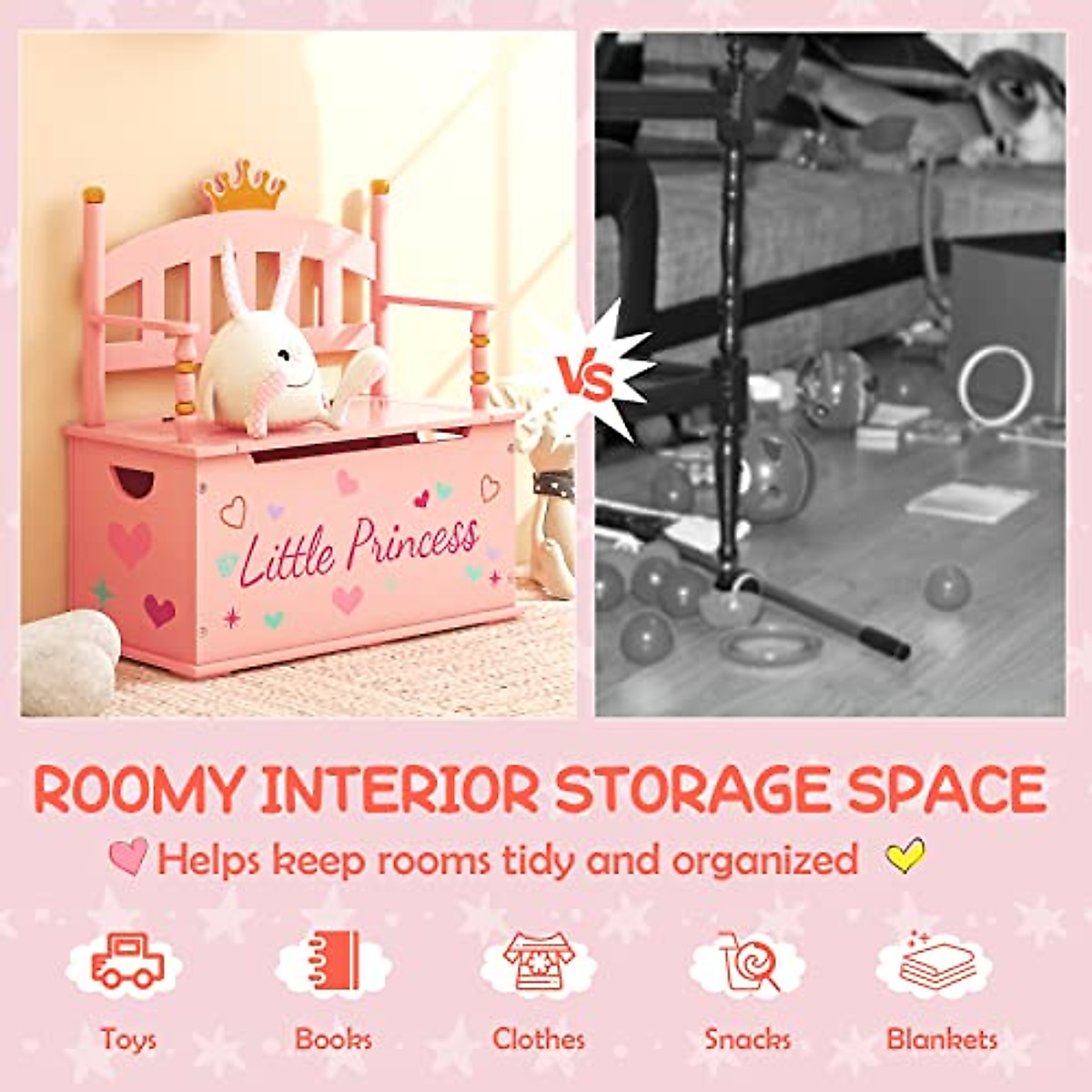 Costzon Wooden Toy Box, 2 in 1 Toy Chest Storage Bench Seat with Safety Hinged Lid, Kids Toy Storage Organizer for Playroom Bedroom, Children's Furniture, Gift for Toddler Girls Age 3+, Pink