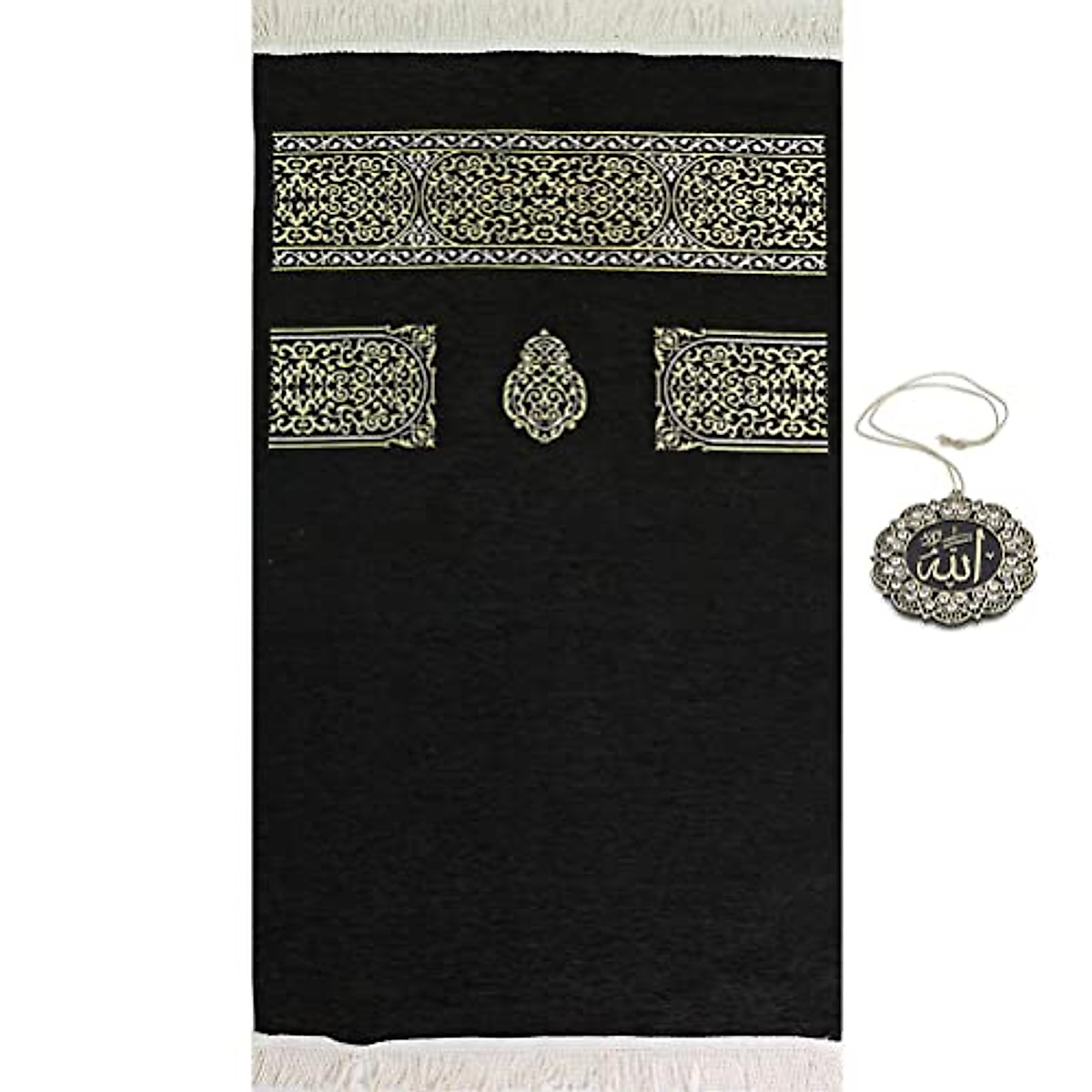 Modefa Turkish Islamic Prayer Rug - Chenille Praying Mat Sajada for Men and Women - Traditional Muslim Praying Carpet Janamaz - Ramadan or Eid Gift with Car Hanger - Luxury Woven Meccan (Black KB)