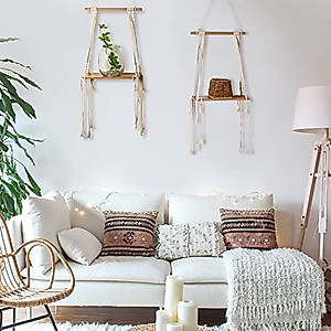 CIOUYAOS Boho Wall Shelf Decor, Macrame Wall Hanging Shelves, Minimalist Art Aesthetic Wooden Shelf for Farmhouse Bedroom Home Dining Living Room Window Bathroom Nursery Plants (Quadrangle)