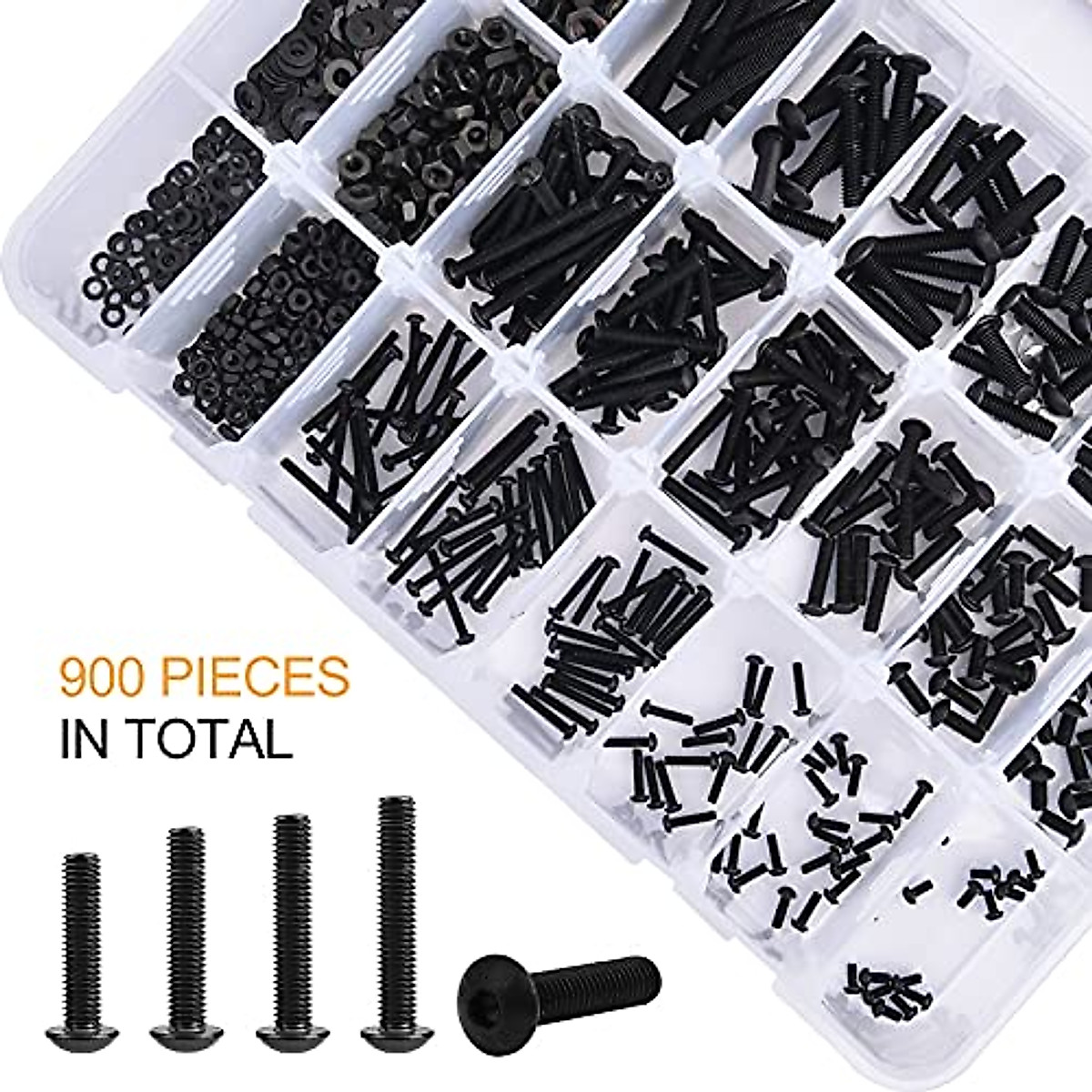 VIGRUE 900PCS M2 M3 M4 Hex Button Head Socket Cap Screws Bolts Nuts Washers Assortment Kit Alloy Steel with Allen Wrench