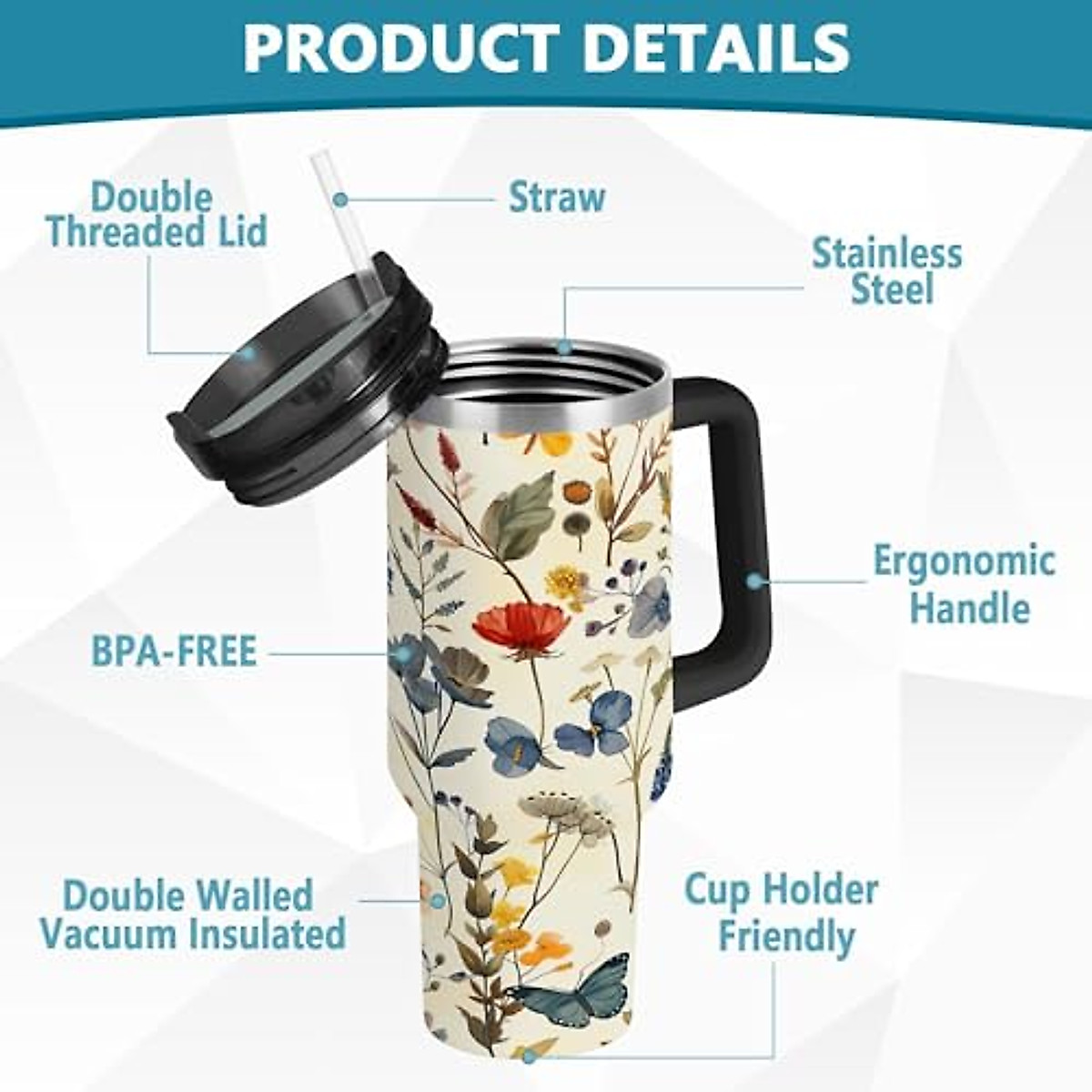 FRCSDIY Beautiful Flowers Insulated Tumbler with Handle and Straw Lid,30oz Leakproof Stainless Steel Cup BPA-Free Water Bottle