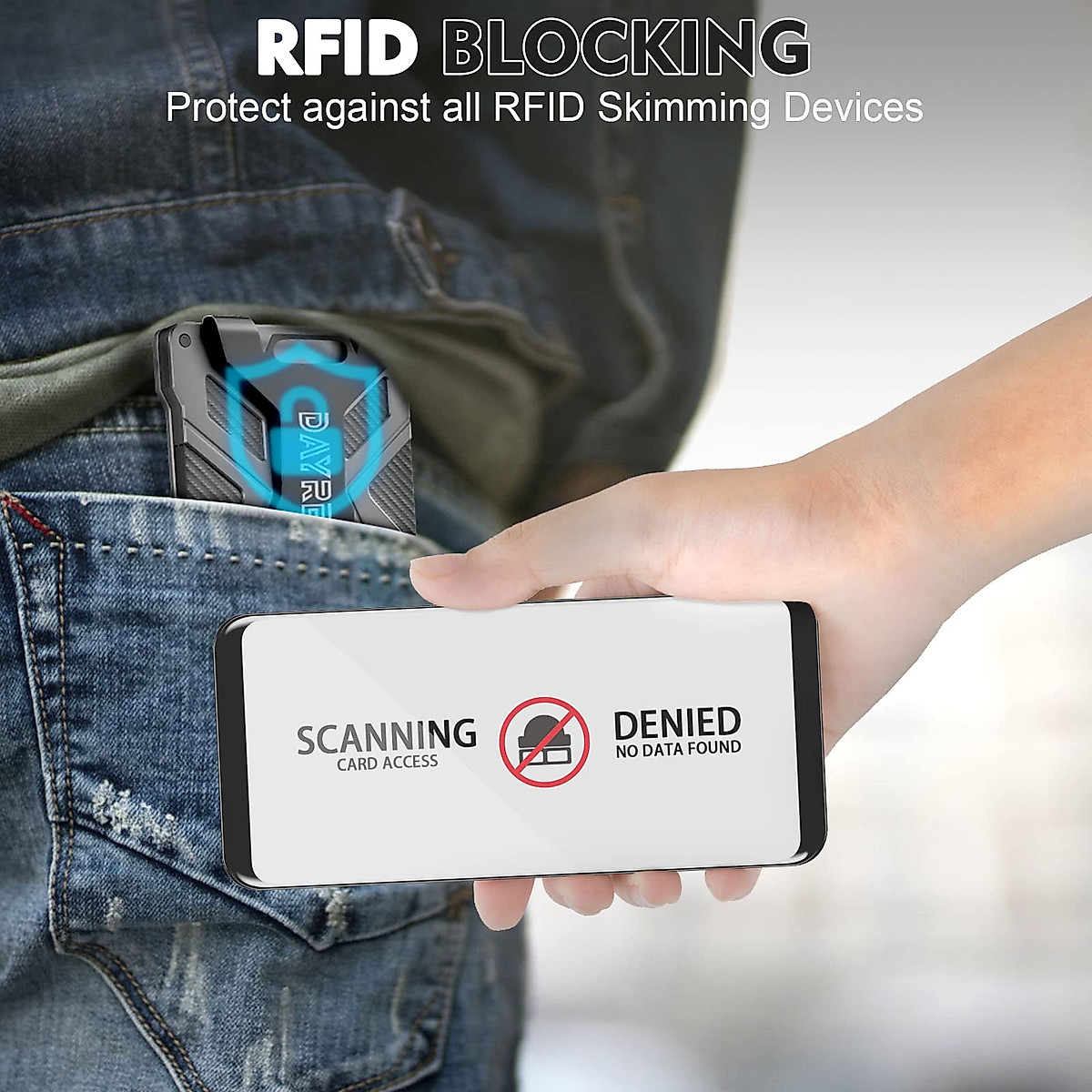 DAYREE Minimalist Wallet for Men Slim Aluminum metal wallet Money Clip with 1 Clear ID Holder,Front Pocket Carbon Fiber RFID Blocking Tactical Wallet for Mens Gift (Black)