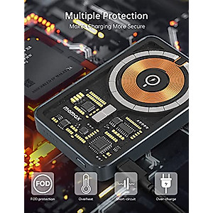 MOMAX Magnetic Wireless Portable Charger, Transparent Battery Pack with Stand, Foldable 5000 mAh Magnetic Wireless Power Bank and USB-C for iPhone 14/13/12 Series, Magnetic Portable Charger for iPhone