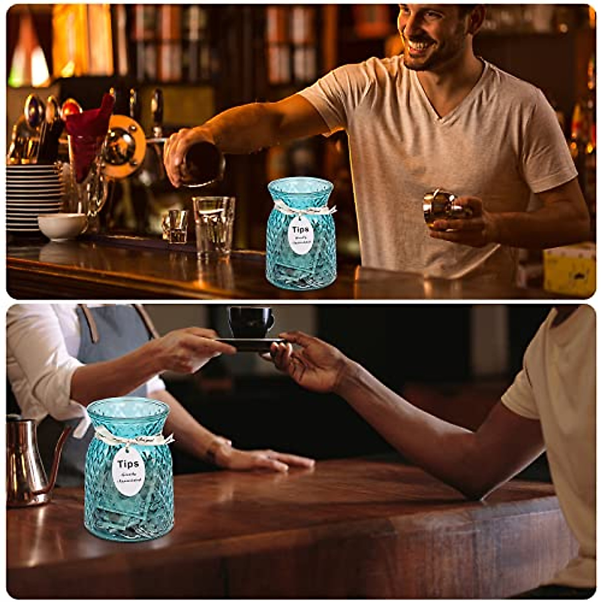 Glass Tip Jar for Bartenders, Musicians, and Restaurants - Large Money Jar for Collecting Tips. (BLUE)