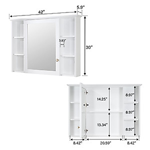 WELLFOR 42"x 30" Bathroom Medicine Cabinet with Mirror, Wall Mounted Storage Cabinet for Bathroom, Mirror Cabinet with Open/Built-in Shelves and Single Door, Bathroom Wall Cabinet with Mirror, White