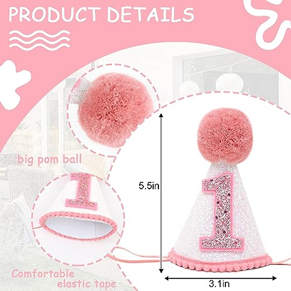 VAVAYAO First Birthday Hat for Baby Girls - First Birthday Cone Hat Pink,1st Birthday Party Hat,Cake Smash Photo Prop,Hot Pink Hat for Party,Kids Theme Party Decoration Supplies