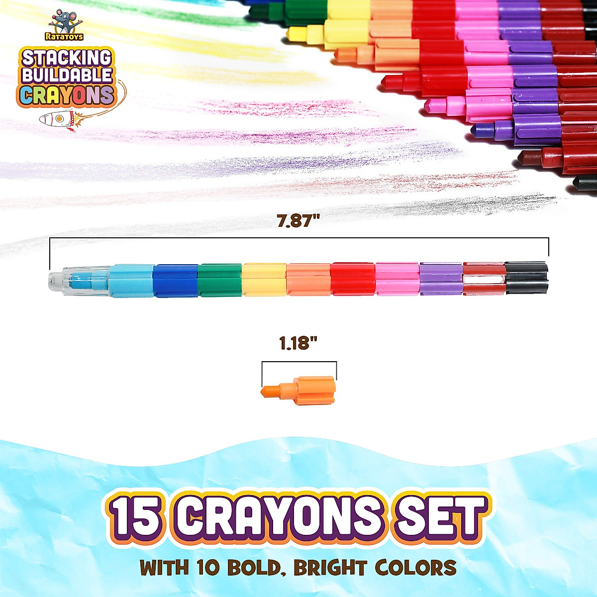 Ratatoys Stacking Crayons, 15 pc Set, Buildable and Stackable for Drawing, Coloring, or Arts and Crafts, Large Preschool Friendly Connect Pieces, Party Favor and Classroom Fun
