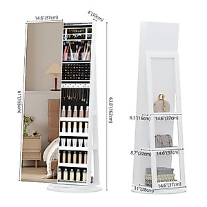 LVSOMT 360° Swivel Jewelry Armoire Cabinet, Full Length Mirror with Jewelry Storage, Standing Jewelry Armoire Organizer with Mirror, Rotatable, Large Capacity (White)