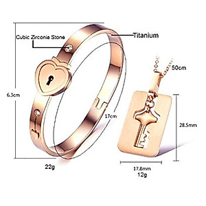 JRjewelry His and Hers Korean Style Rosegold Stainless Steel Hold The Key to My Heart Forever Lock Bangle Bracelet and Key Pendant Necklace Set-BR399