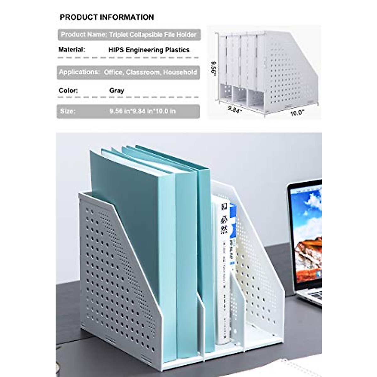 Leven/Deli Collapsible Magazine File Holder/Desk Organizer for Office Organization and Storage with 3 Vertical Compartments