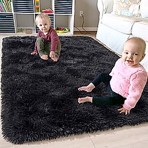 Ompaa Shaggy Black Rug for Bedroom Bedside, 3x5 Feet Indoor Modern Plush Area Rugs for Living Room, Kids Room Rug, Cozy Rug, Fluffy Throw Rug for Nursery Dorm Room Decor