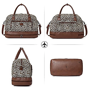 CLUCI Weekender Bags for Women Canvas Duffle Bag Travel Overnight Bags Carry On Tote with Shoe Compartment Leopard Pattern with Brown
