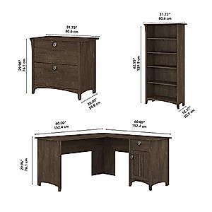 Bush Furniture Salinas L Shaped File 5-Shelf Bookcase | 3 Piece Living Room Furniture Set | Storage Cabinet, Bookshelf & Office Desk, 60W, Ash Brown