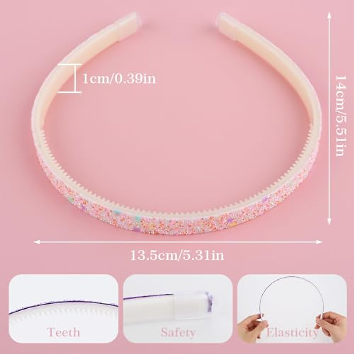 WLLHYF Glitter Headband, 4pcs Plastic Sparkly Cute Non Slip Chunky Hairbands, Thick Bling Confetti Rainbow Hair Bands with Teeth, Little Girls Colorful Hair Accessories