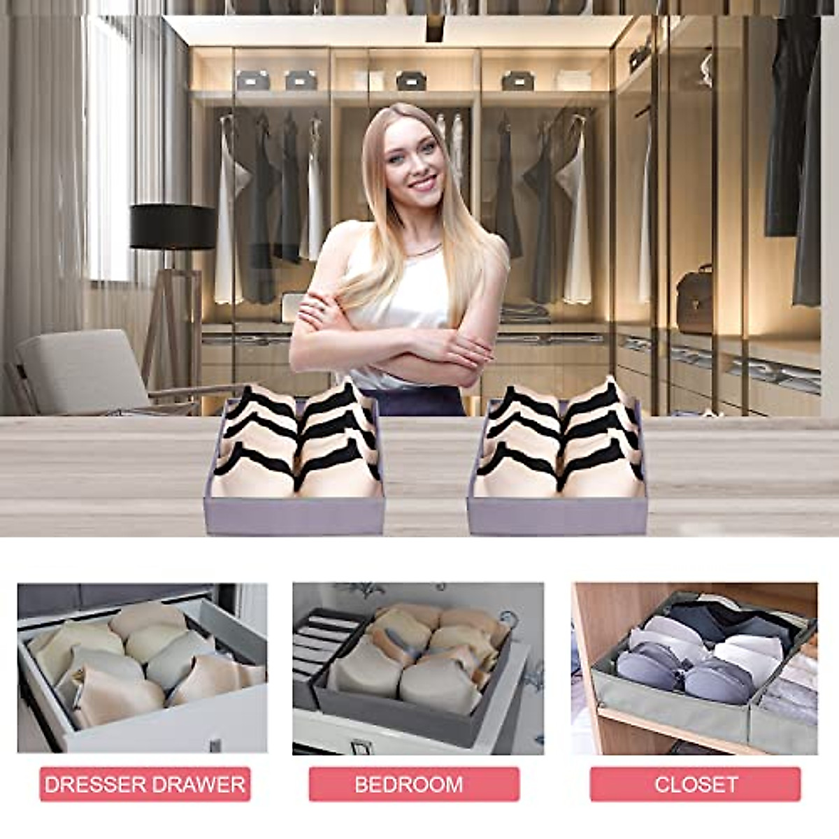 Jay-Chi Bra Underwear Organizers Dresser Drawers - Large Foldable Closet Underwear Organizers Dividers Washable Fabric Storage Box for Bra 2 Set Grey