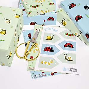 CENTRAL 23 Cute Wrapping Paper - 6 Sheets of Gift Wrap - Blue and Green Birthday Wrapping Sheet - Colorful Bugs - Flowers and Leaves - Kids - Boys and Girls - Comes With Fun Stickers - Recyclable