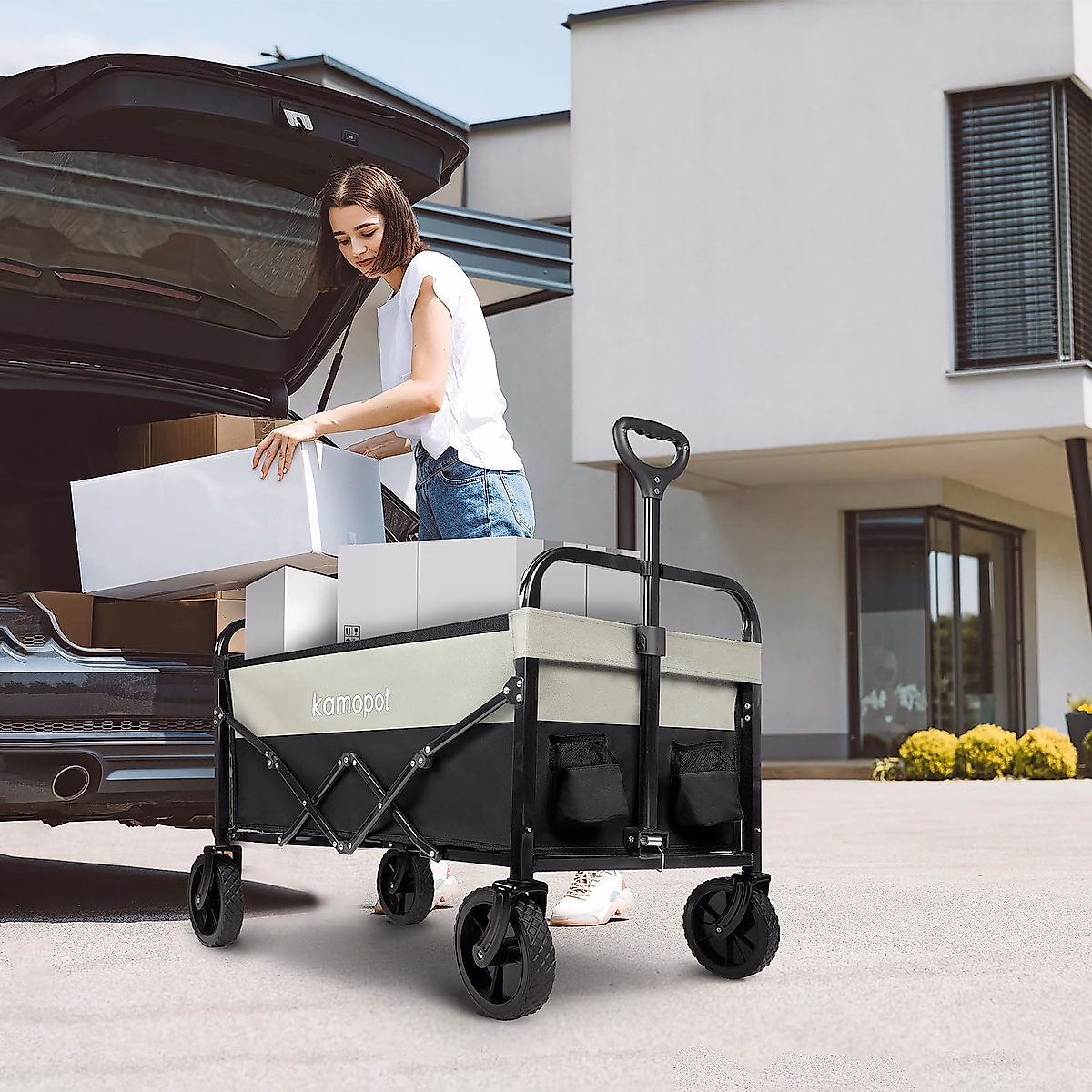 Kamopot Large Collapsible Wagon Foldable for Grocery, Beach, Park, Yard, 34 x 18 Inch Inner Storage. Folding Utility Shopping Cart on Wheels. Heavy Duty, Durable w/Cupholders (Black-Gray)