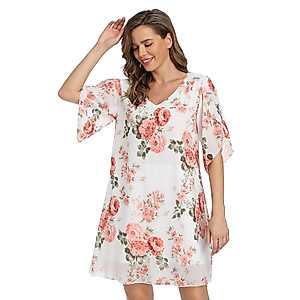 1stvital Women's Loose Chiffon Dresses Short V Neck Dress Cocktail Party Elegant Evening Dress Open Sleeve White&Red Floral,M Pink Flowers