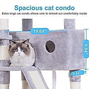 Hey-brother Cat Tree, 61 inch Cat Tower for Indoor Cats, Cat House with Padded Platform Bed, Toy Balls, Large Cozy Condo, Hammocks and Sisal Scratching Posts, Light Gray MPJ019W