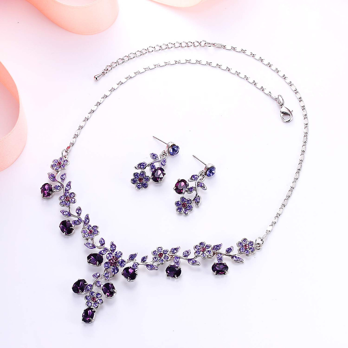 EVER FAITH Wedding Jewelry for Bride, Austrian Crystal Cluster Flower Leaf Bridal Pendant Necklace Earrings Sets Purple Silver-Tone