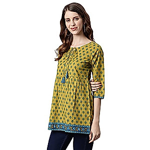 Janasya Indian Women's Green Cotton Tunic(JNE3688-TU-S)