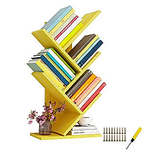 QUMENEY Tree Bookshelf, 5 Shelf Display Bookcase,Tree Bookcase for Books/CDs/Albums/Files Holder, Free Standing Book Shelves Organizer for Office，Bedroom, Living Room (Yellow)