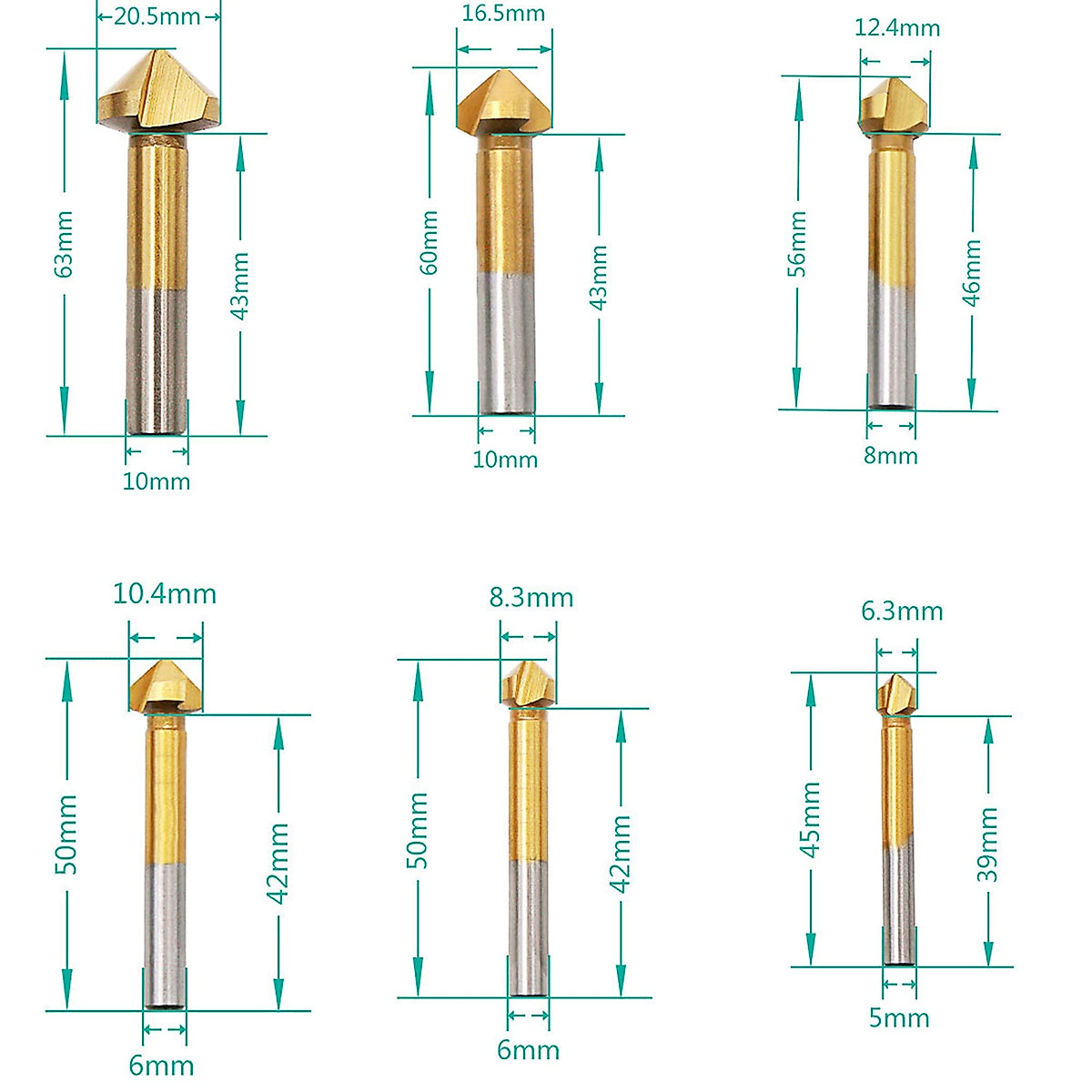 KEWAYO 3 Flute 90 Degree HSS Chamfering Tool Bit Countersink Drill Bit Set for Metal Wood Plastic Woodworking Metal Working Tool Bit Set, Pack of 6pcs