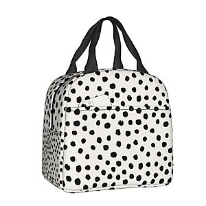 Insulated Lunch Bag Reusable Lunch Box, Cooler Lunch Tote Bag with Front Pocket for Picnic Office Work, Cute Black And White Polka Dot