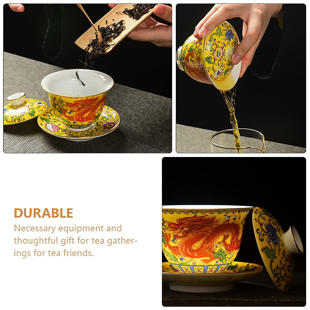 YARNOW Chinese Porcelain Teacup, 1Set of Gaiwan Tureen Cover Bowl Lip Cup Saucer Tea with Lid, Yellow Dragon