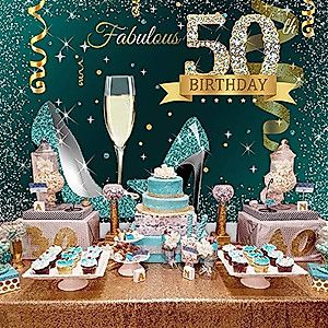 Sensfun Teal Gold Happy 50th Birthday Backdrop Glitter Silver Dots High Heels Champagne Glass Photography Background for Women Fabulous 50 Birthday Party Decorations Banner Photo Backdrops 7x5ft