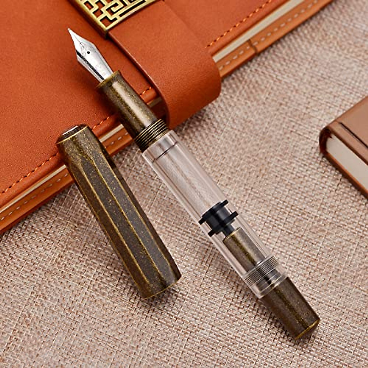 Majohn T1 Piston Fountain Pen Fine, Vintage Brass Transparent Acrylic Large Ink Capacity Writing Gift Box