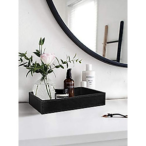HofferRuffer Faux Leather Vanity Tray, Elegant Desktop Storage Organizer, Decorative Catchall Perfume Tray, Bathroom Valet Tray, Nightstand or Dresser Organizer, Black, 10.2 x 8.4 x 1.8 inches