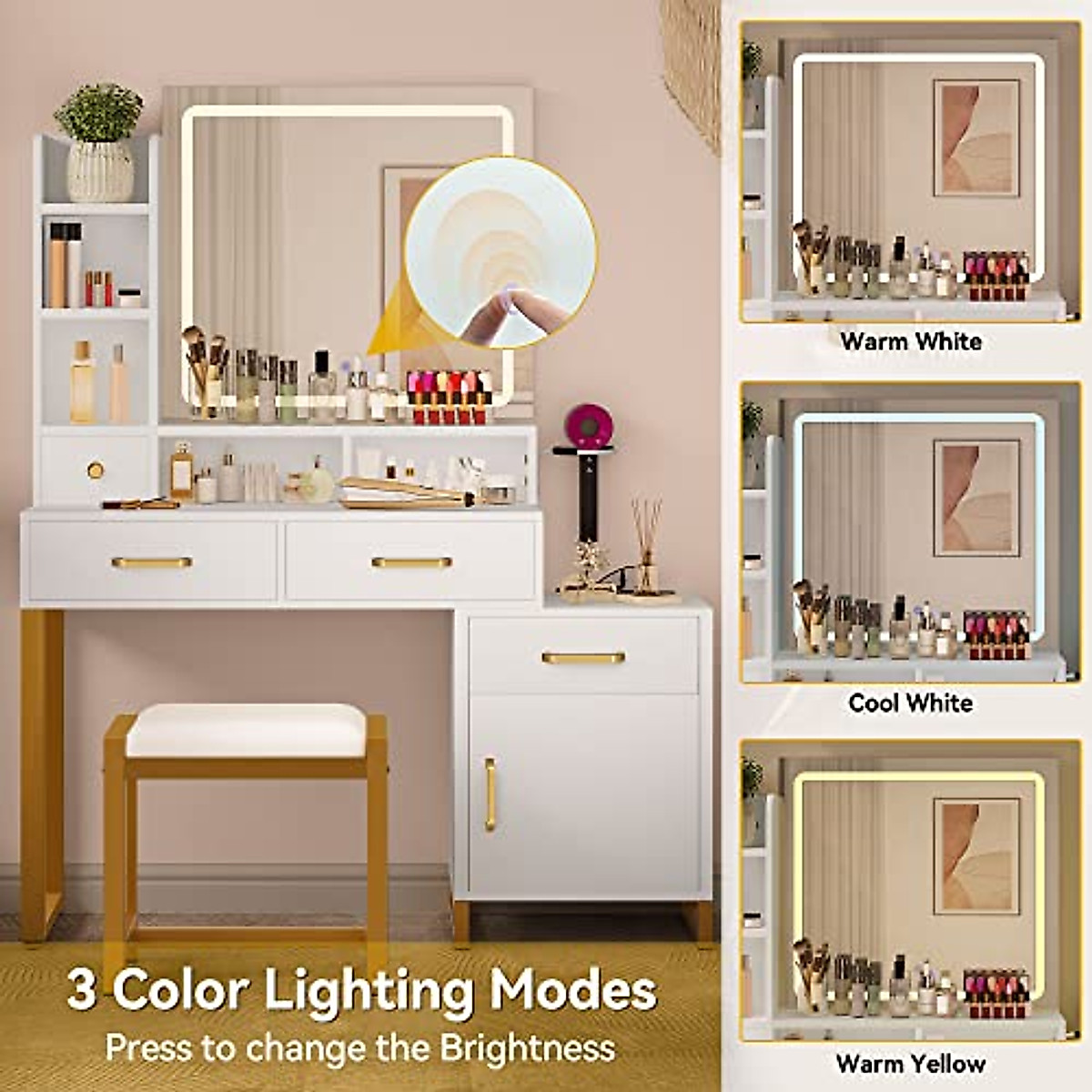 DWVO Vanity Desk with Mirror and Lights, Makeup Vanity with Lights and Drawers, Vanity Mirror with Lights and Table Set, 3 Color Adjustable Lighting Brightness & Power Outlet, White